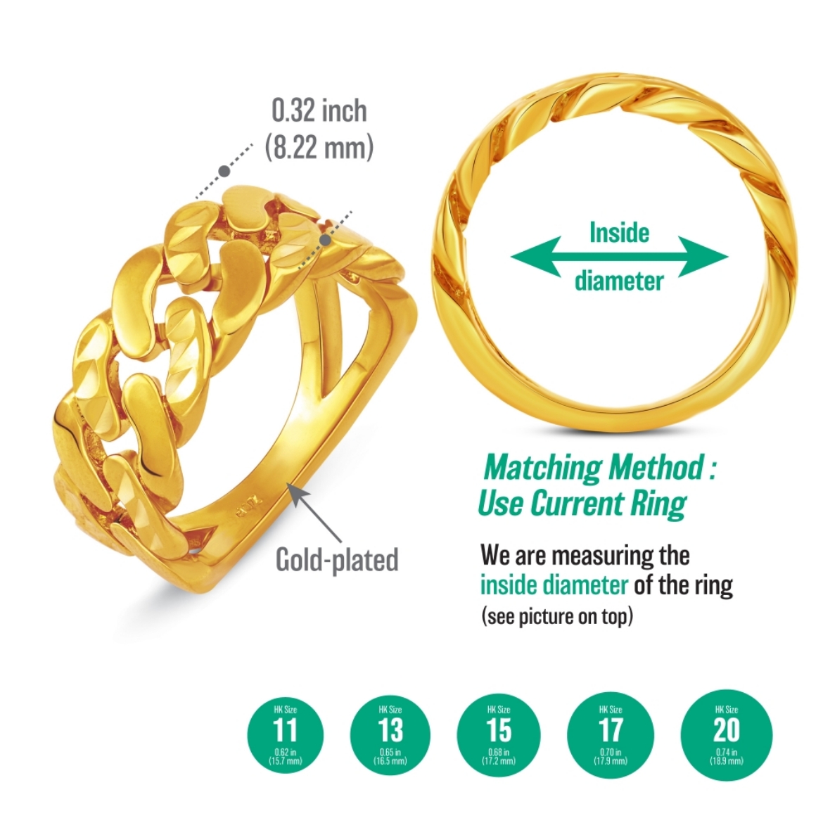 Zhulian Malaysia. Thick Bold Curb Chain Ring Band Gold Plated