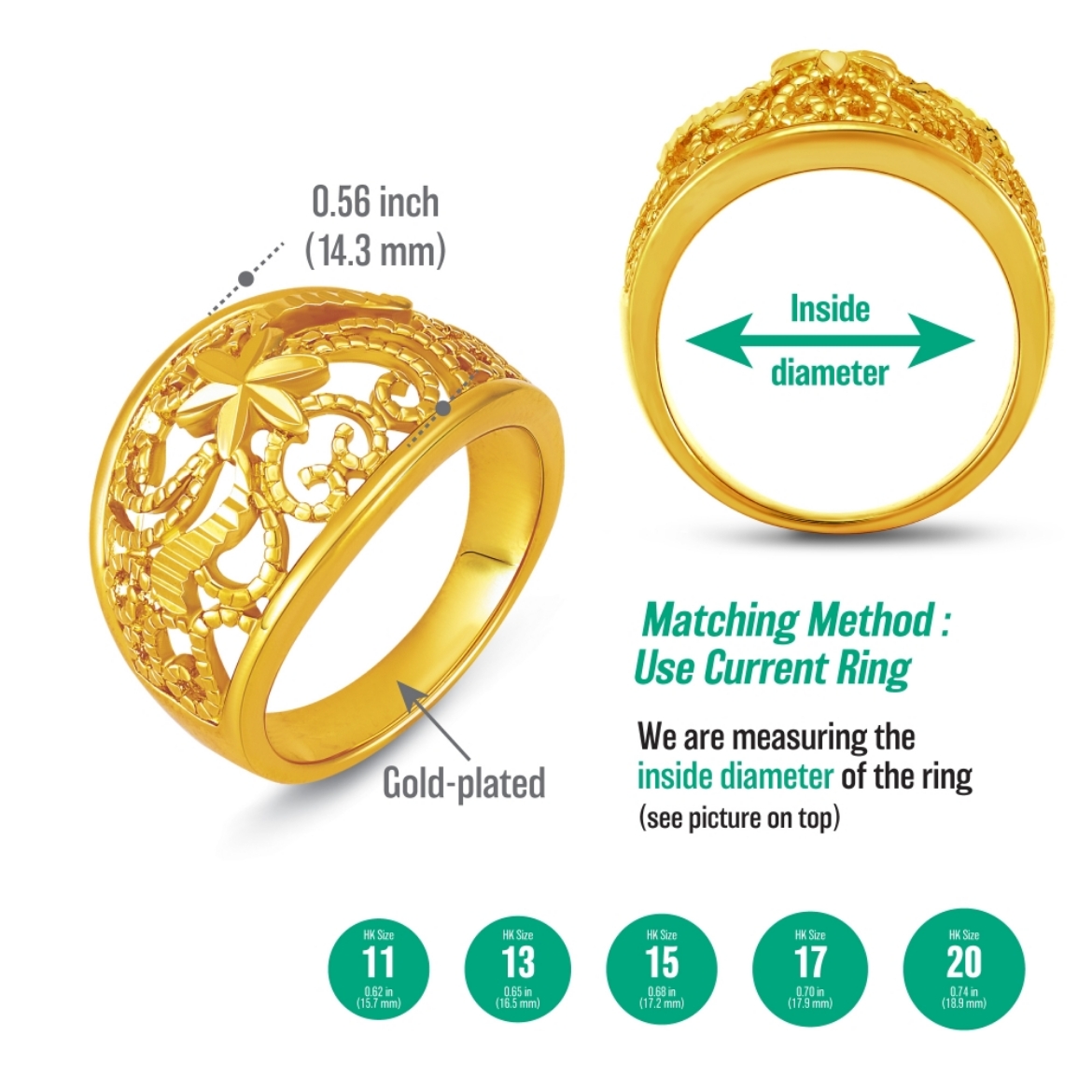 Zhulian Malaysia. Vintage Flower Signet Ring Band Gold Plated