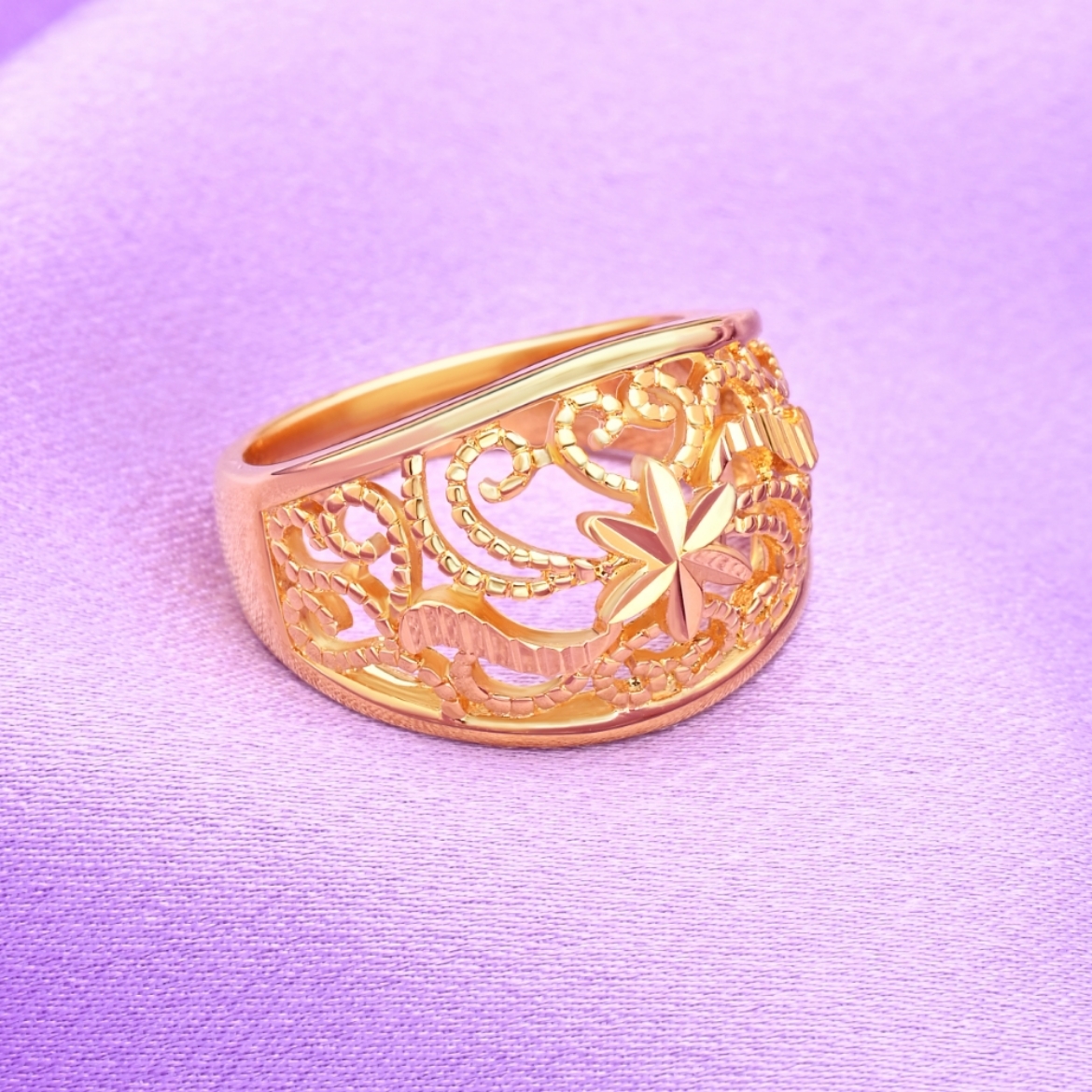 Zhulian Malaysia. Vintage Flower Signet Ring Band Gold Plated