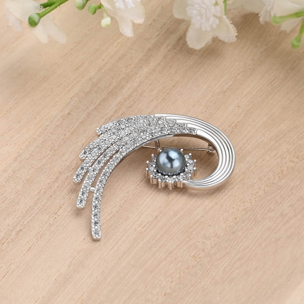 Zhulian Malaysia. Swirl Ocean Wave Brooch Rhodium Plated