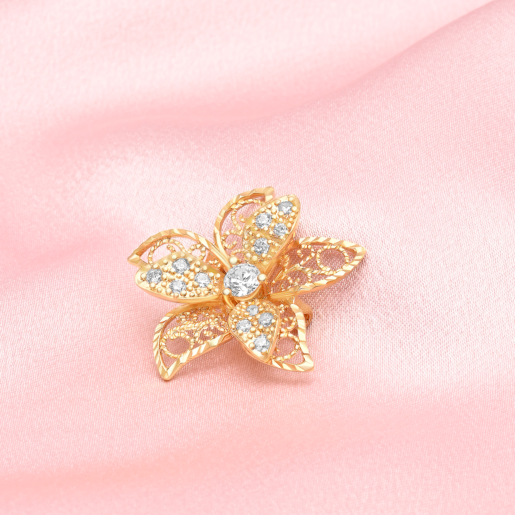 Zhulian Malaysia. Azalea Filigree Flower Petal Brooch Gold Plated