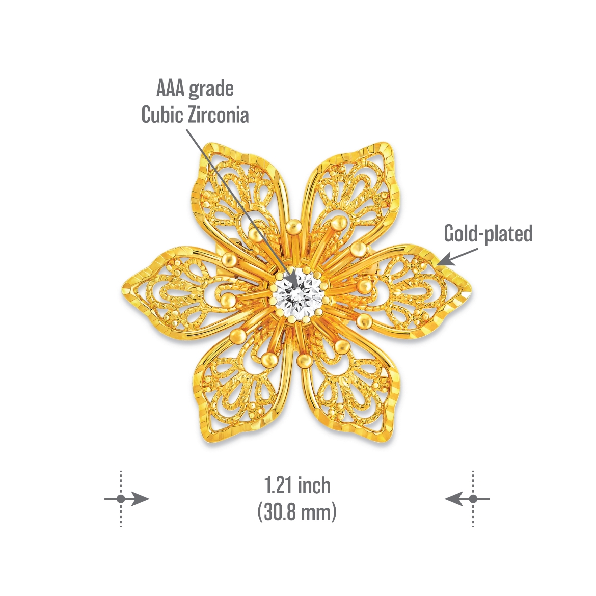 Zhulian Malaysia. Filigree Jasmine Flower Brooch Gold Plated