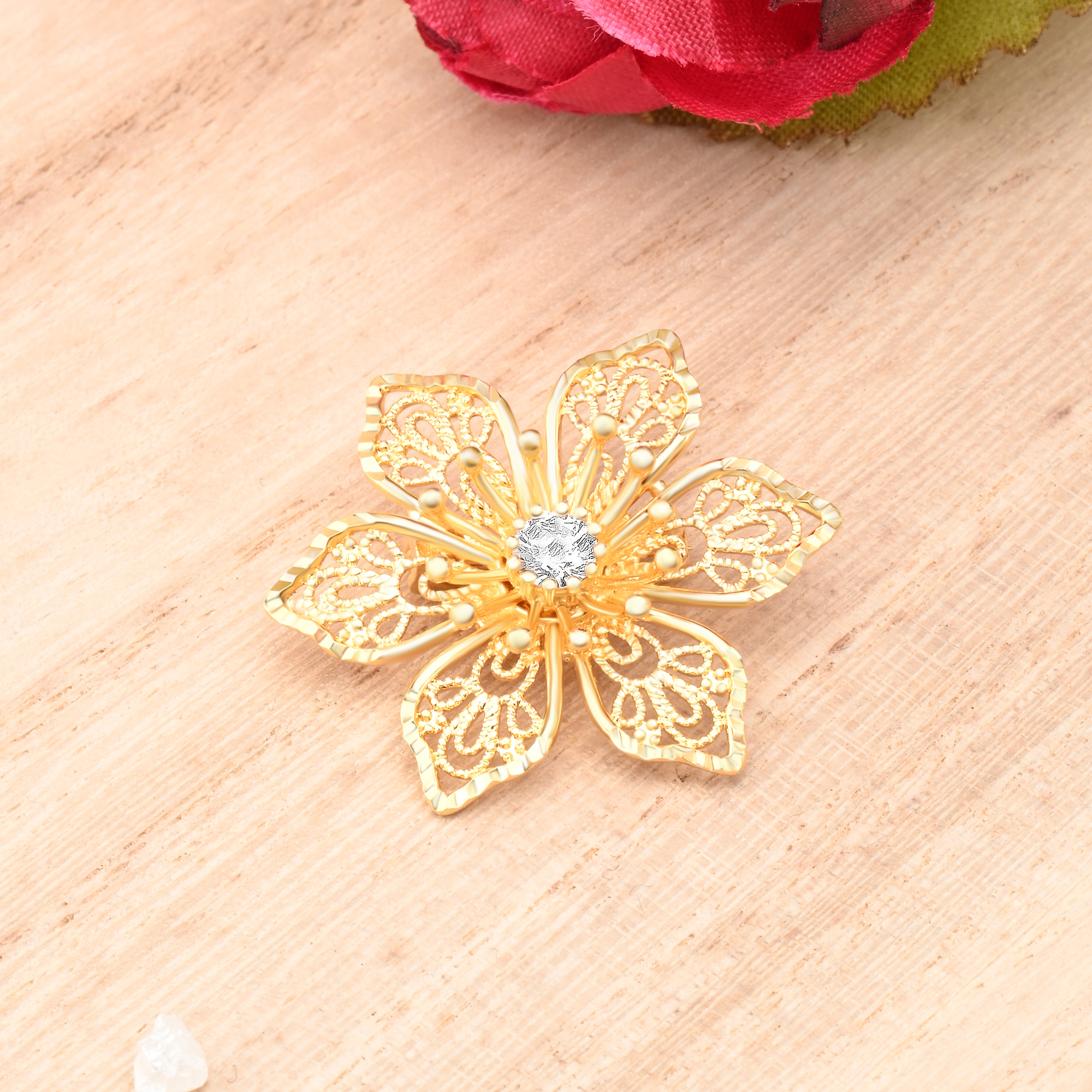 Zhulian Malaysia. Filigree Jasmine Flower Brooch Gold Plated