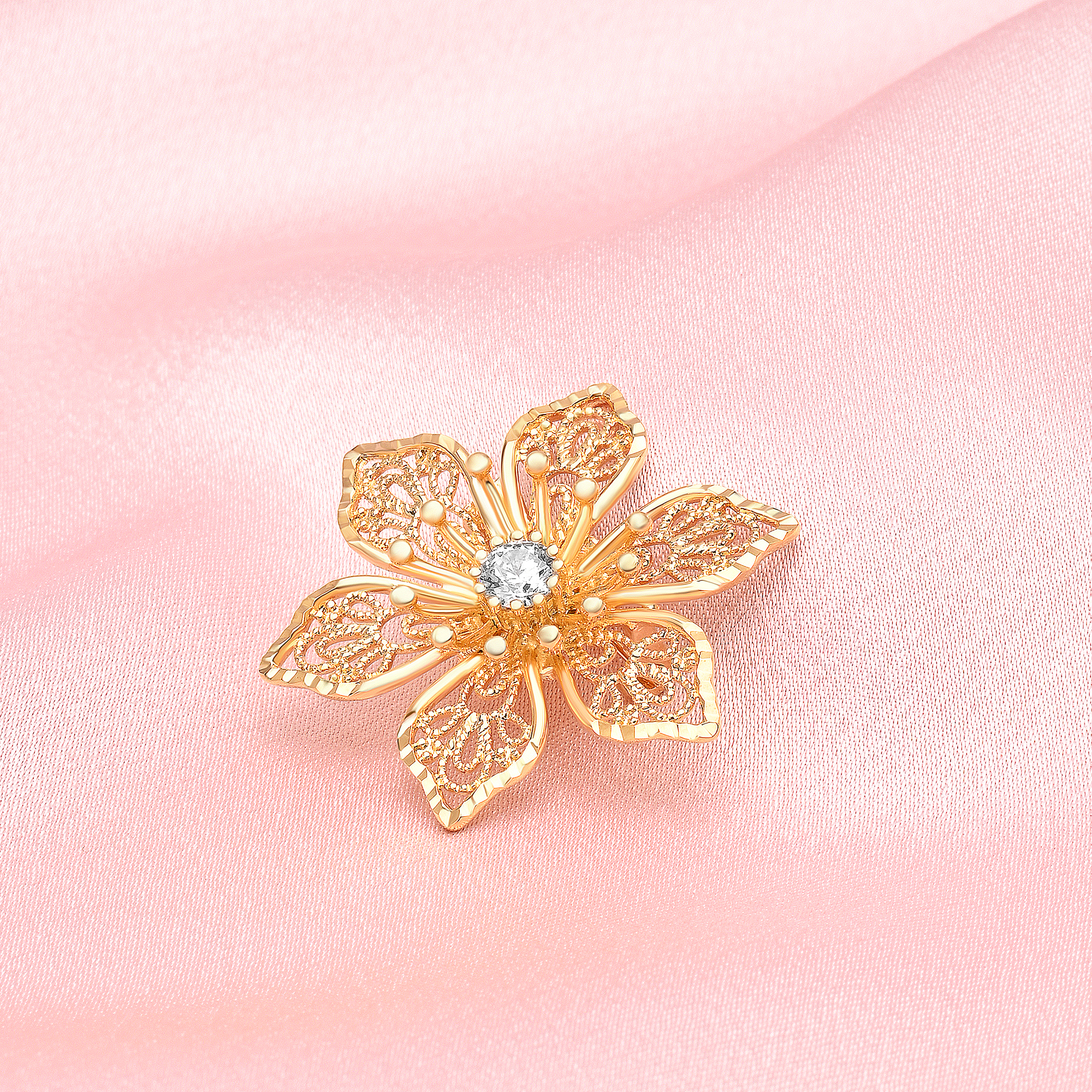 Zhulian Malaysia. Filigree Jasmine Flower Brooch Gold Plated